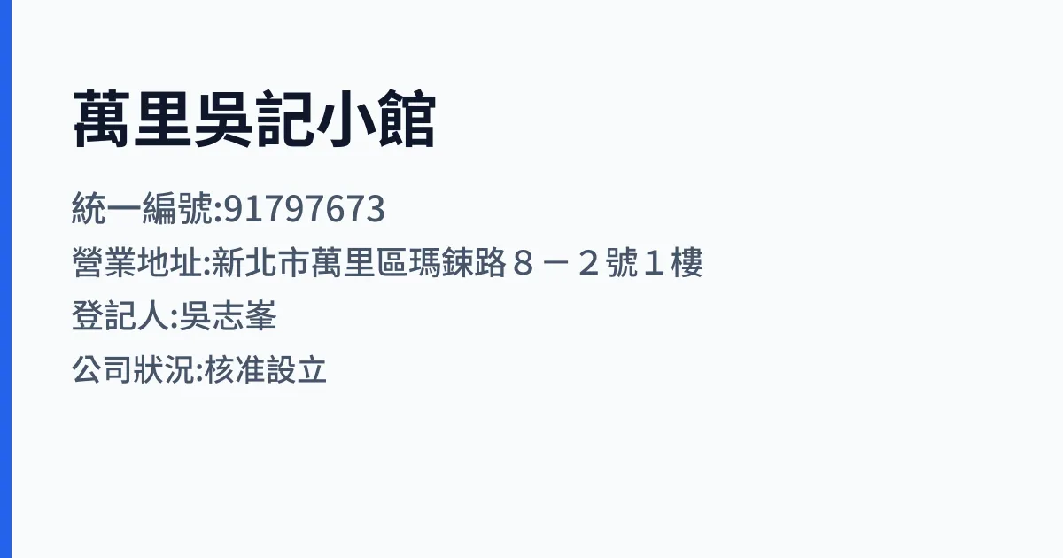 萬里吳記小館 - 統編 91797673(新北市) 公司登記資料與營業項目詳細圖表