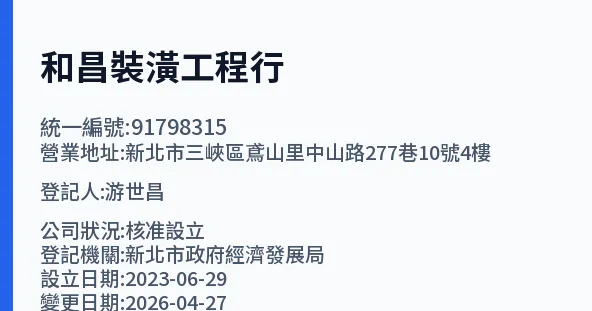 和昌裝潢工程行的照片-統編 91798315(新北市) 公司登記資料與營業項目詳細圖表