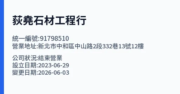 荻堯石材工程行的照片-統編 91798510(新北市) 公司登記資料與營業項目詳細圖表
