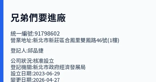 兄弟們要進廠的照片-統編 91798602(新北市) 公司登記資料與營業項目詳細圖表
