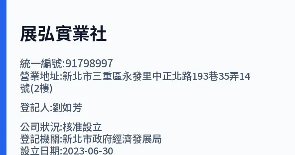 展弘實業社的照片-統編 91798997(新北市) 公司登記資料與營業項目詳細圖表