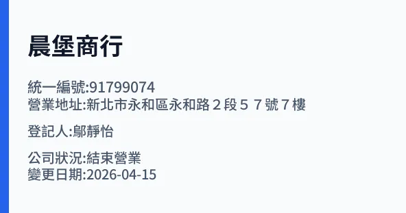 晨堡商行的照片-統編 91799074(新北市) 公司登記資料與營業項目詳細圖表