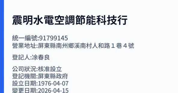 震明水電空調節能科技行的照片-統編 91799145(屏東縣) 公司登記資料與營業項目詳細圖表