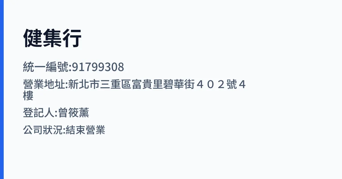 健集行 - 統編 91799308(新北市) 公司登記資料與營業項目詳細圖表