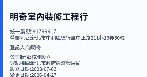 明奇室內裝修工程行的照片-統編 91799617(新北市) 公司登記資料與營業項目詳細圖表
