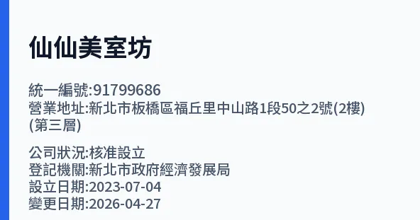 仙仙美室坊的照片-統編 91799686(新北市) 公司登記資料與營業項目詳細圖表