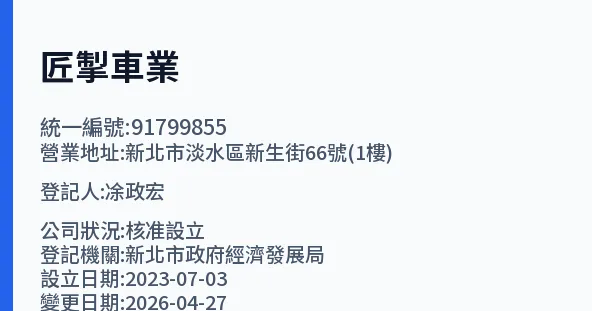 匠掣車業的照片-統編 91799855(新北市) 公司登記資料與營業項目詳細圖表