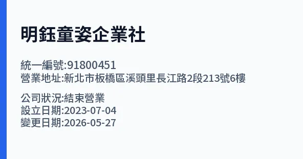 明鈺童姿企業社的照片-統編 91800451(新北市) 公司登記資料與營業項目詳細圖表