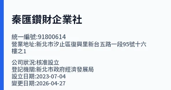 秦匯鑽財企業社的照片-統編 91800614(新北市) 公司登記資料與營業項目詳細圖表