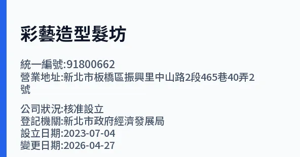 彩藝造型髮坊的照片-統編 91800662(新北市) 公司登記資料與營業項目詳細圖表