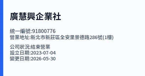 廣慧興企業社的照片-統編 91800776(新北市) 公司登記資料與營業項目詳細圖表