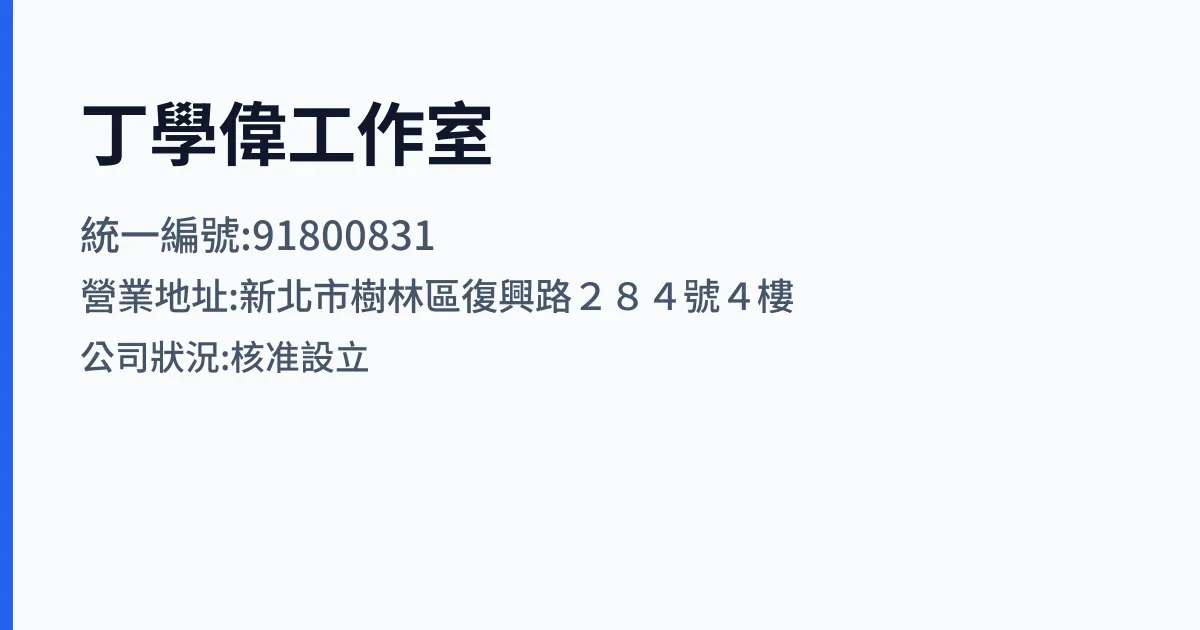 丁學偉工作室 - 統編 91800831(新北市) 公司登記資料與營業項目詳細圖表