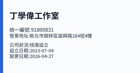 丁學偉工作室的照片-統編 91800831(新北市) 公司登記資料與營業項目詳細圖表