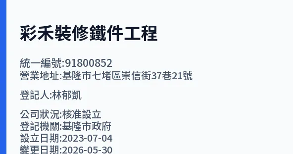 彩禾裝修鐵件工程的照片-統編 91800852(基隆市) 公司登記資料與營業項目詳細圖表
