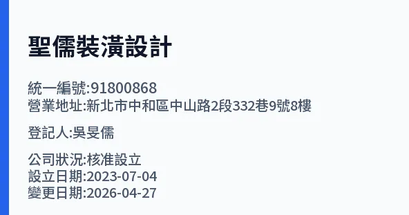 聖儒裝潢設計的照片-統編 91800868(新北市) 公司登記資料與營業項目詳細圖表