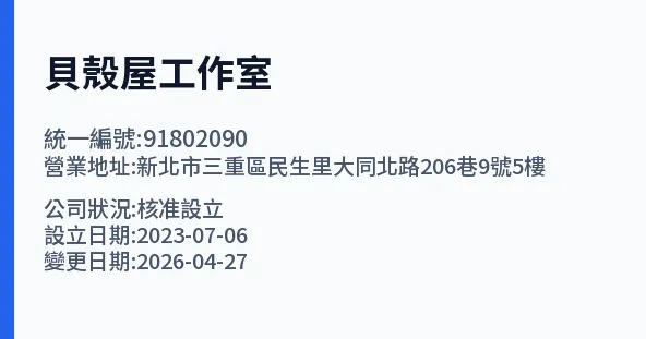 貝殼屋工作室的照片-統編 91802090(新北市) 公司登記資料與營業項目詳細圖表