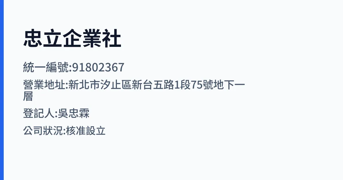 忠立企業社 - 統編 91802367(新北市) 公司登記資料與營業項目詳細圖表