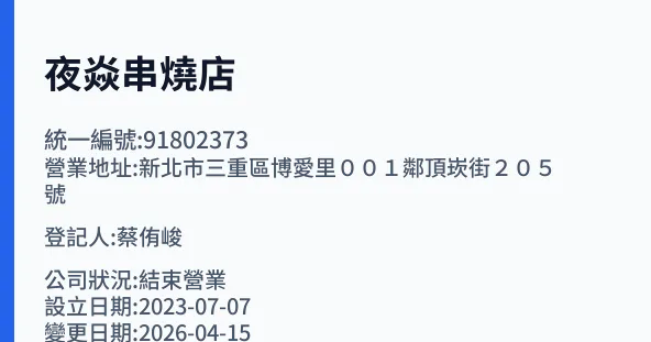 夜焱串燒店的照片-統編 91802373(新北市) 公司登記資料與營業項目詳細圖表