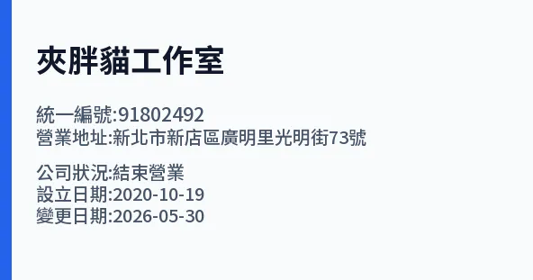 夾胖貓工作室的照片-統編 91802492(新北市) 公司登記資料與營業項目詳細圖表