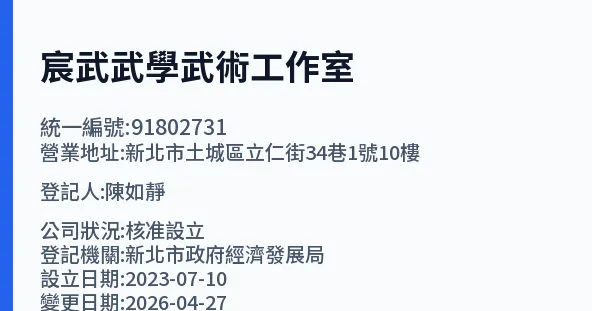 宸武武學武術工作室的照片-統編 91802731(新北市) 公司登記資料與營業項目詳細圖表
