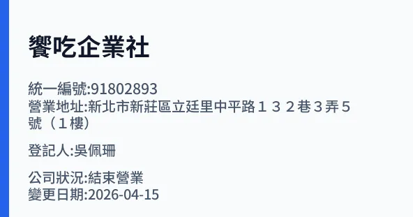 饗吃企業社的照片-統編 91802893(新北市) 公司登記資料與營業項目詳細圖表