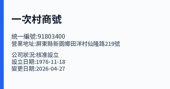 一次村商號的照片-統編 91803400(屏東縣) 公司登記資料與營業項目詳細圖表