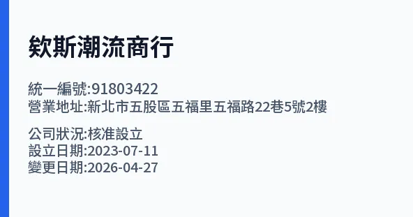 欸斯潮流商行的照片-統編 91803422(新北市) 公司登記資料與營業項目詳細圖表