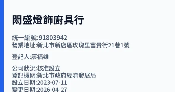閎盛燈飾廚具行的照片-統編 91803942(新北市) 公司登記資料與營業項目詳細圖表