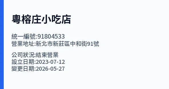 粵榕庄小吃店的照片-統編 91804533(新北市) 公司登記資料與營業項目詳細圖表