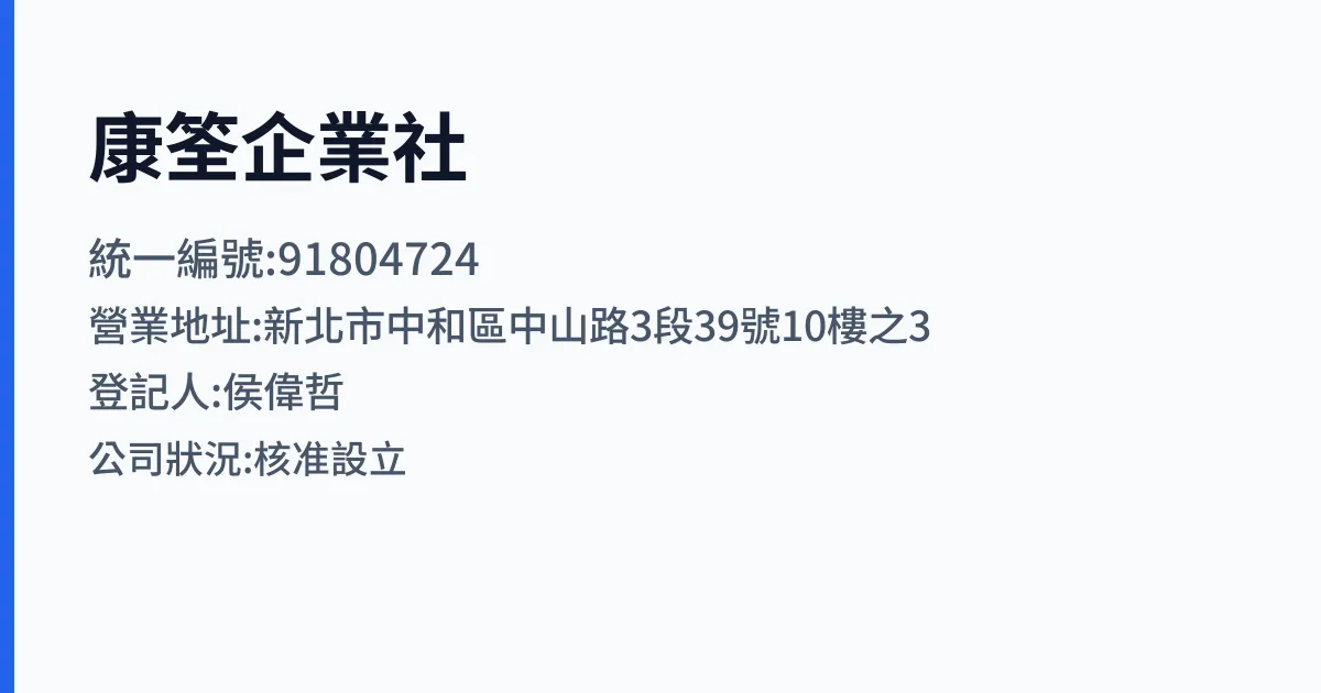 康筌企業社 - 統編 91804724(新北市) 公司登記資料與營業項目詳細圖表