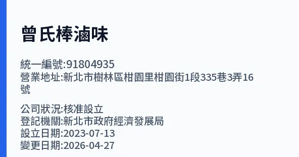 曾氏棒滷味的照片-統編 91804935(新北市) 公司登記資料與營業項目詳細圖表