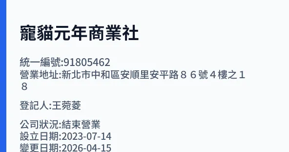 寵貓元年商業社的照片-統編 91805462(新北市) 公司登記資料與營業項目詳細圖表