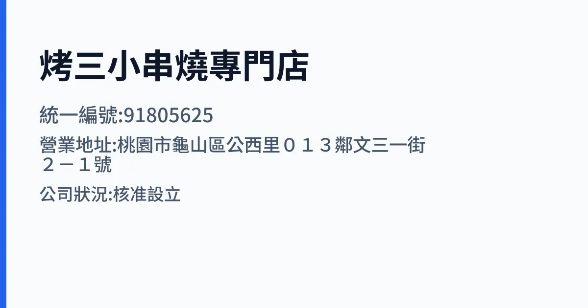 烤三小串燒專門店 - 統編 91805625(桃園市) 公司登記資料與營業項目詳細圖表