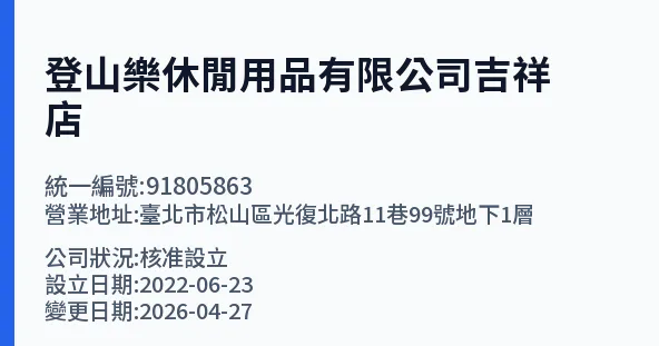 登山樂休閒用品有限公司吉祥店的照片-統編 91805863(臺北市) 公司登記資料與營業項目詳細圖表