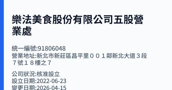 樂法美食股份有限公司五股營業處的照片-統編 91806048(新北市) 公司登記資料與營業項目詳細圖表