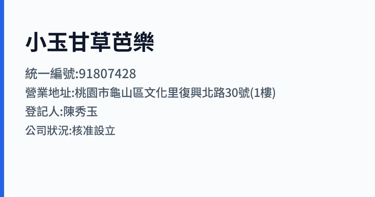 小玉甘草芭樂 - 統編 91807428(桃園市) 公司登記資料與營業項目詳細圖表
