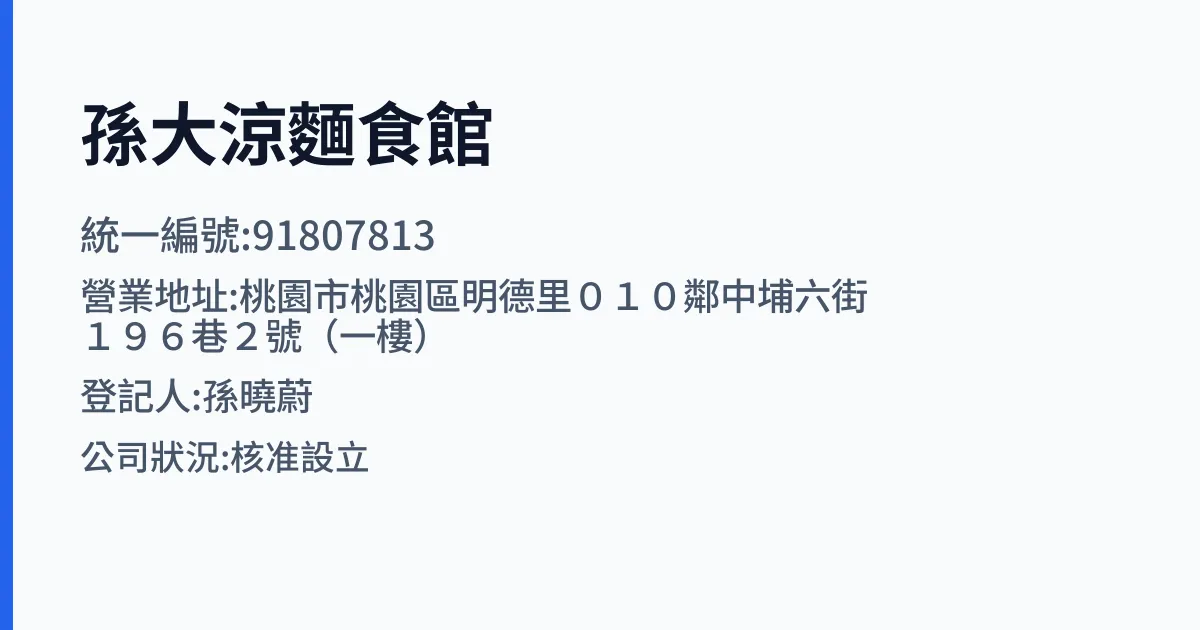 孫大涼麵食館 - 統編 91807813(桃園市) 公司登記資料與營業項目詳細圖表