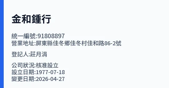 金和鍾行的照片-統編 91808897(屏東縣) 公司登記資料與營業項目詳細圖表