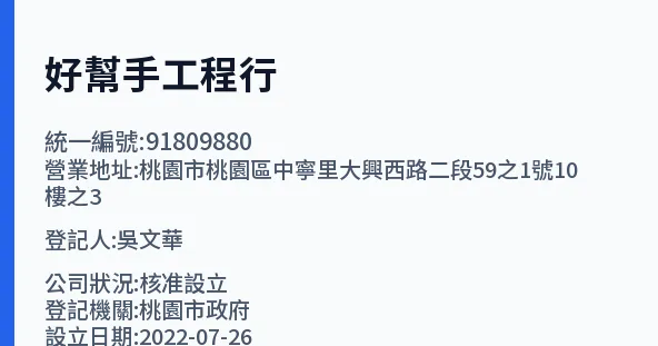 好幫手工程行的照片-統編 91809880(桃園市) 公司登記資料與營業項目詳細圖表