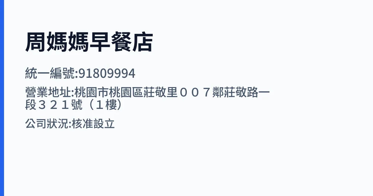 周媽媽早餐店 - 統編 91809994(桃園市) 公司登記資料與營業項目詳細圖表