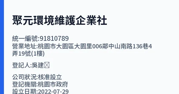 聚元環境維護企業社的照片-統編 91810789(桃園市) 公司登記資料與營業項目詳細圖表