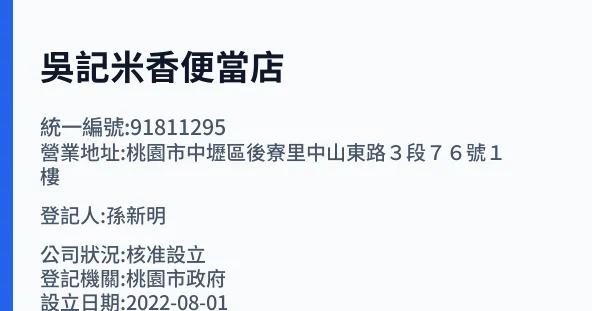 吳記米香便當店的照片-統編 91811295(桃園市) 公司登記資料與營業項目詳細圖表