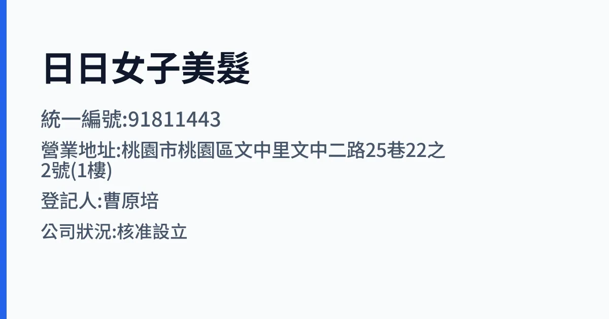 日日女子美髮 - 統編 91811443(桃園市) 公司登記資料與營業項目詳細圖表