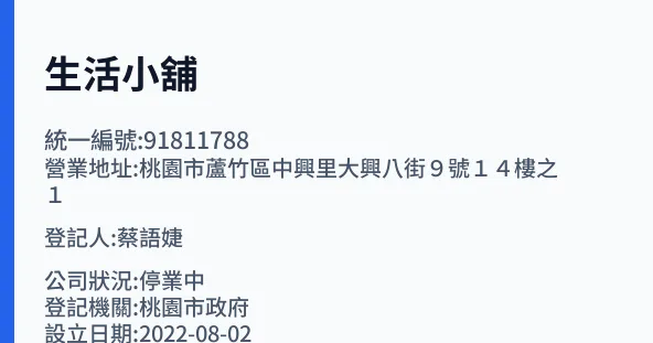 生活小舖的照片-統編 91811788(桃園市) 公司登記資料與營業項目詳細圖表