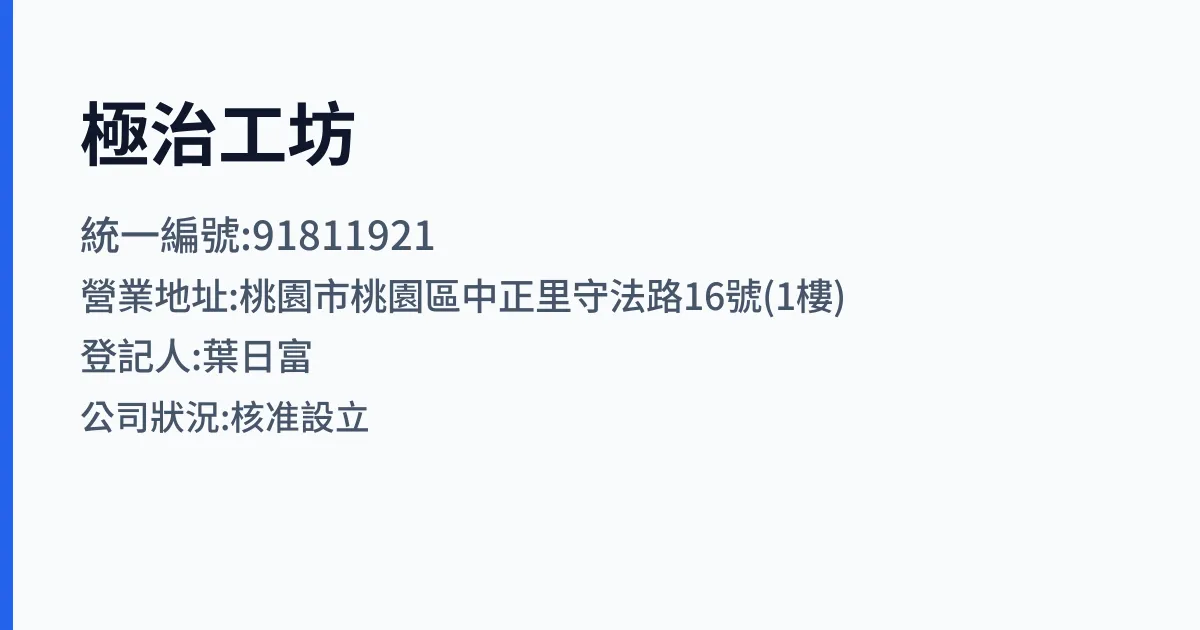 極治工坊 - 統編 91811921(桃園市) 公司登記資料與營業項目詳細圖表