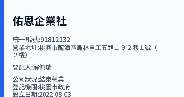 佑恩企業社的照片-統編 91812132(桃園市) 公司登記資料與營業項目詳細圖表