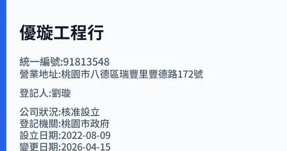 優璇工程行的照片-統編 91813548(桃園市) 公司登記資料與營業項目詳細圖表