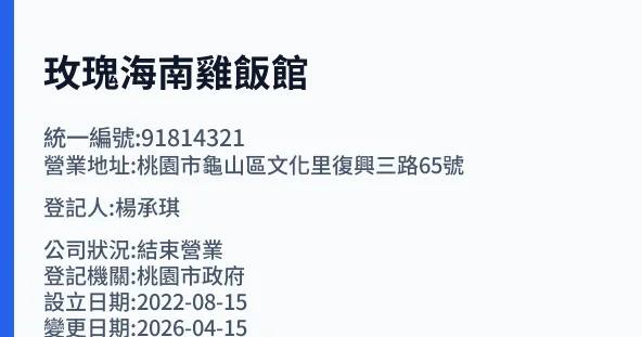 玫瑰海南雞飯館的照片-統編 91814321(桃園市) 公司登記資料與營業項目詳細圖表