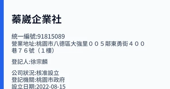 蓁崴企業社的照片-統編 91815089(桃園市) 公司登記資料與營業項目詳細圖表