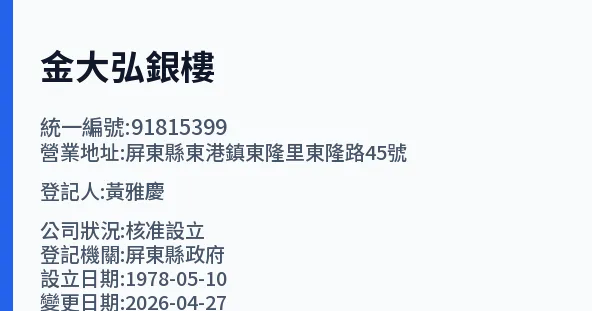 金大弘銀樓的照片-統編 91815399(屏東縣) 公司登記資料與營業項目詳細圖表